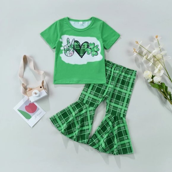 Matching Sets | St Patricks Day Peace Love Girls Bell Bottom Outfit Set ...